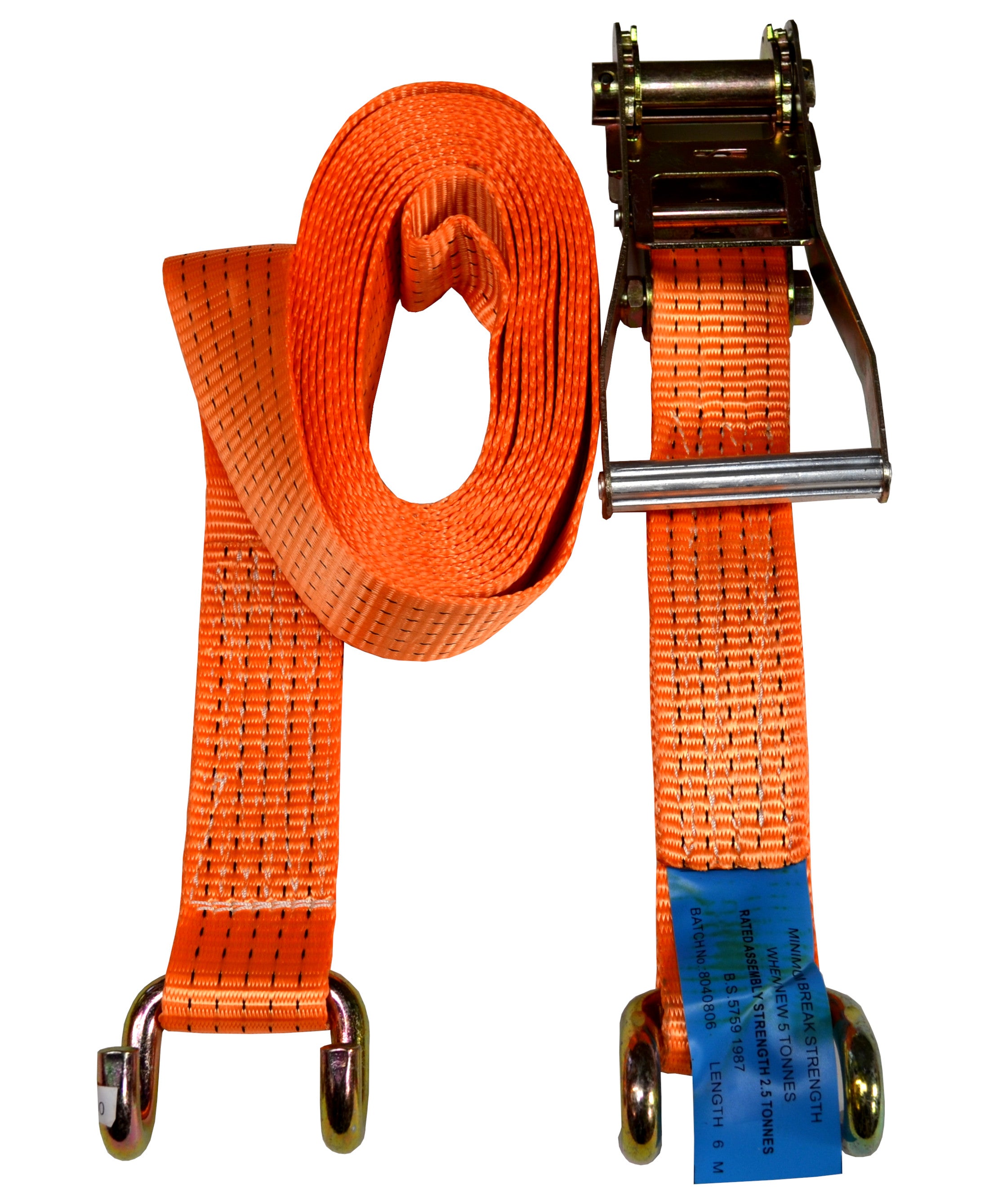 1 x Set of 6m Ratchet Straps 5 TON 50mm width. Open Rave Hook Wide J-H ...